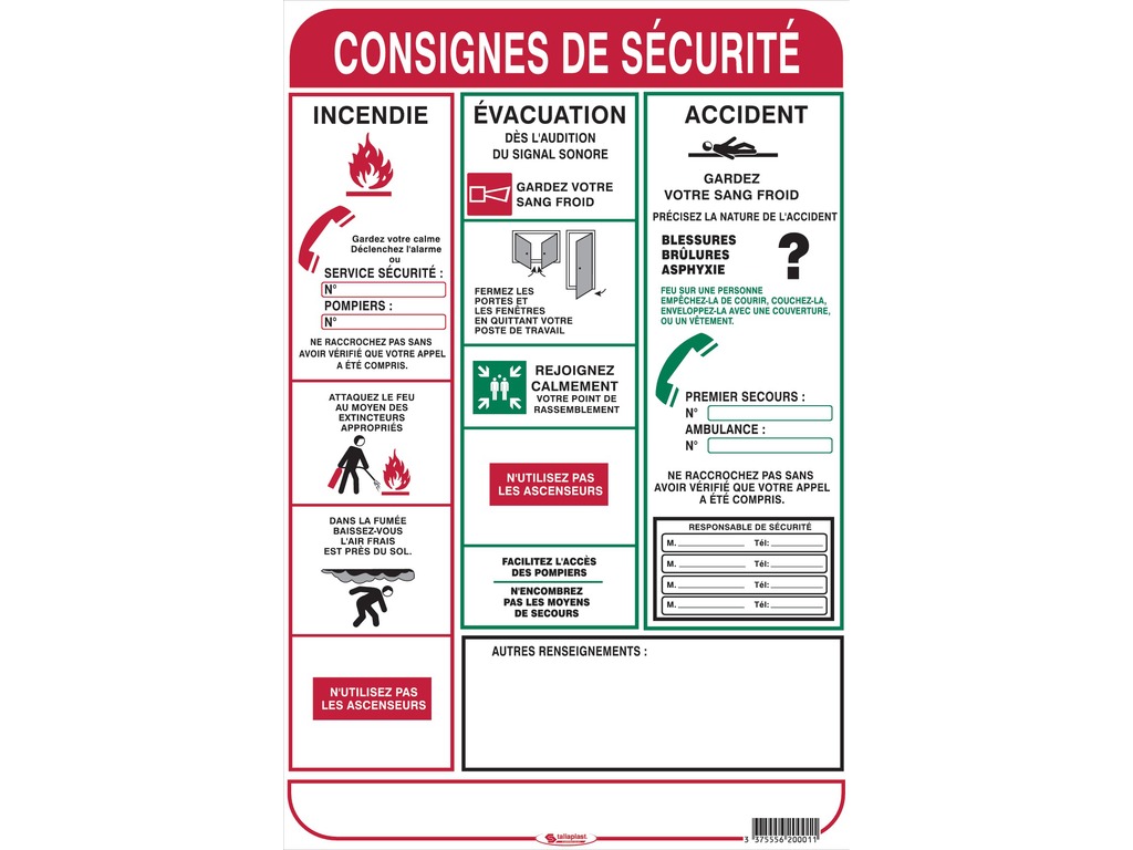 Consignes de sécurité incendie, évacuation, accident - Taliaplast